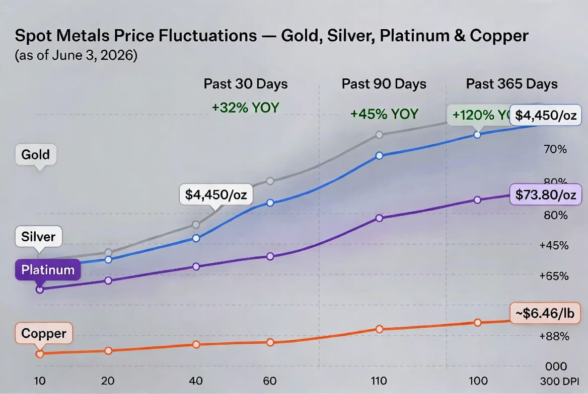 Spot Metal Prices Hold as of June 3, 2026- Gold at $4,450/oz, Silver at ...